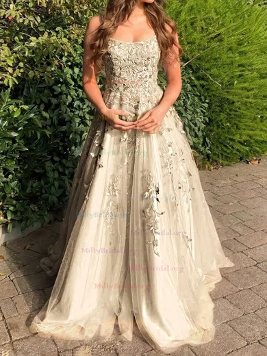 Ball Gown Scoop Neck Tulle Sweep Train Appliques Lace Prom Dresses MillyBridal